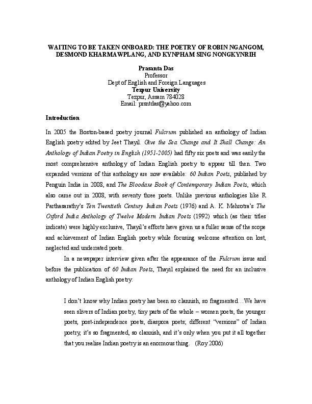 (DOC) WAITING TO BE TAKEN ONBOARD: THE POETRY OF ROBIN NGANGOM, DESMOND ...