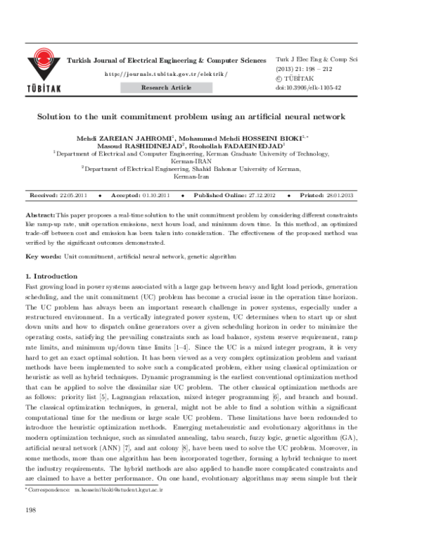 (PDF) Solution to the unit commitment problem using an artificial neural network
