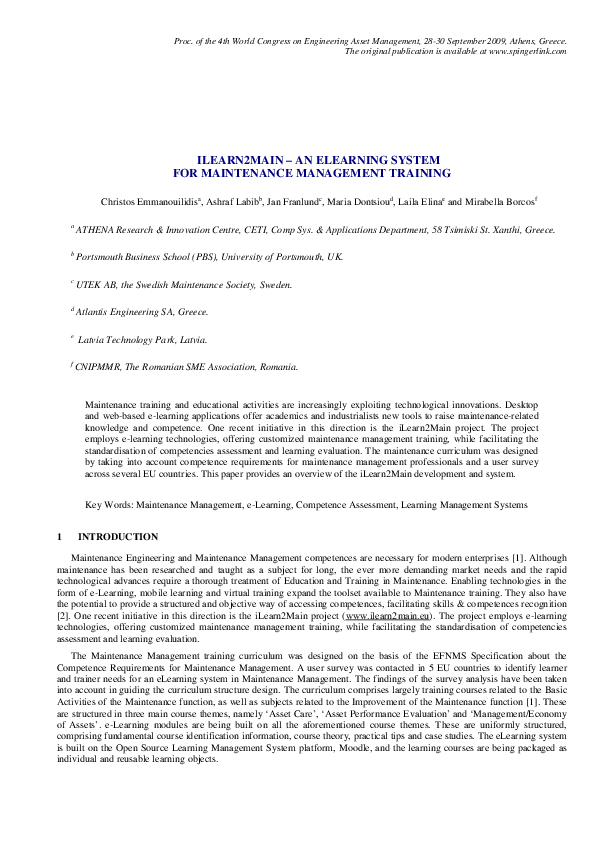 (PDF) ILEARN2MAIN - AN ELEARNING SYSTEM FOR MAINTENANCE MANAGEMENT TRAINING