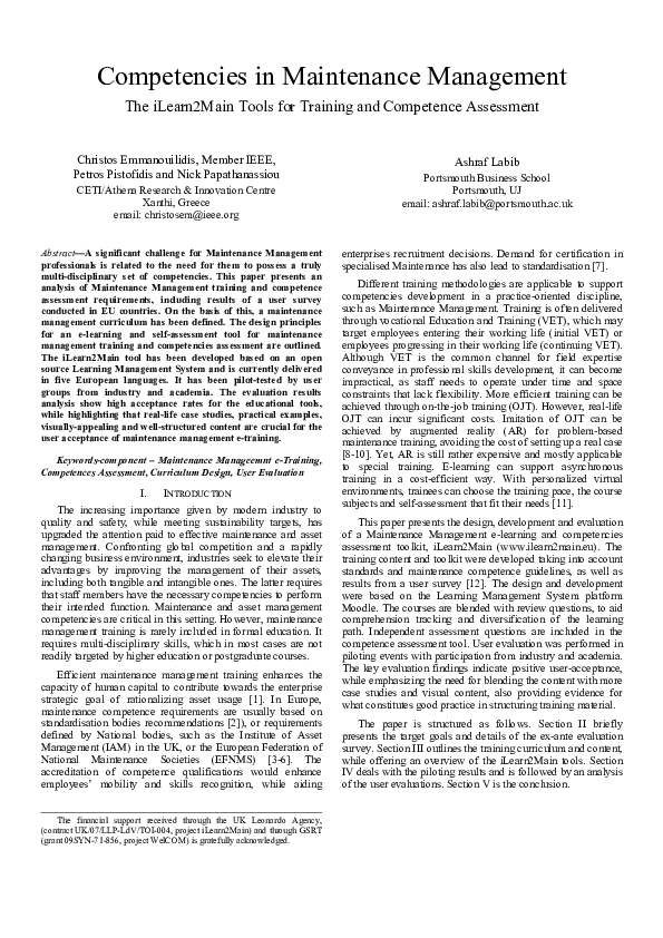 (PDF) Competencies in Maintenance Management