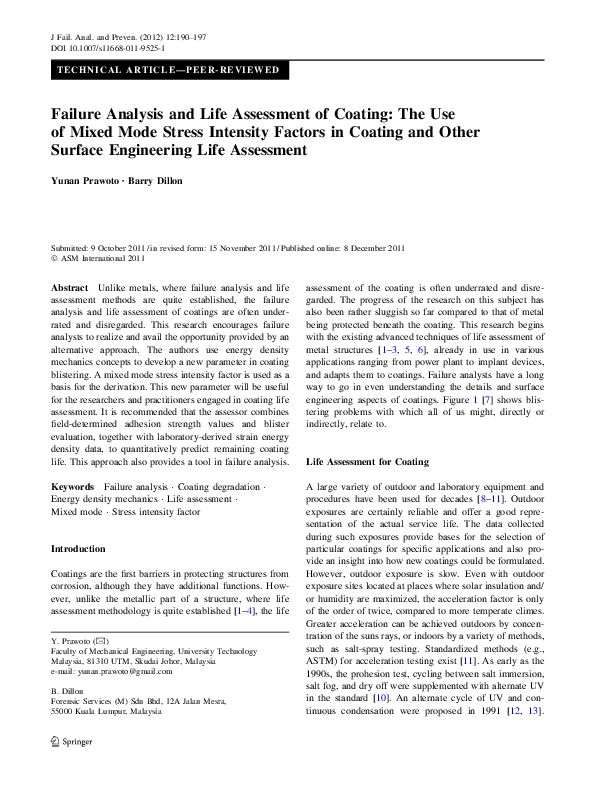 (PDF) Failure analysis and life assessment of coating