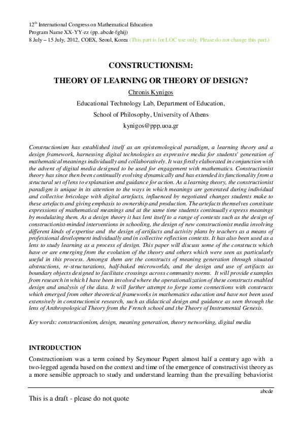 (PDF) Kynigos, C. (2012) Constructionism: theory of learning or theory ...