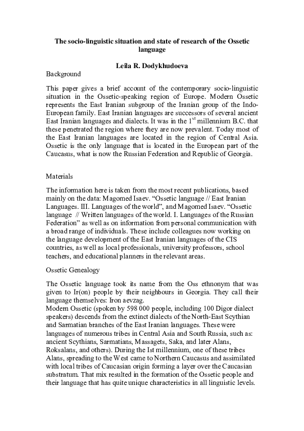 (PDF) The socio-linguistic situation and state of research of the Ossetic