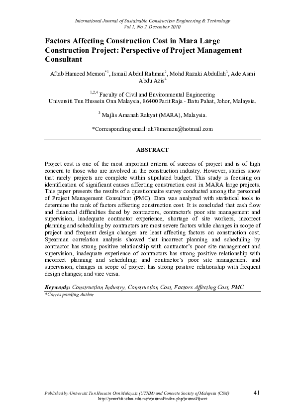 Pdf Factors Affecting Construction Cost In Mara Large Construction Project Perspective Of