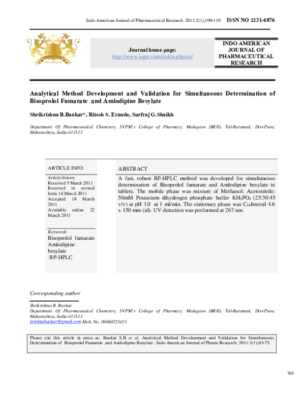 Analytical Method Development and Validation for Simultaneous Determination of Bisoprolol ...
