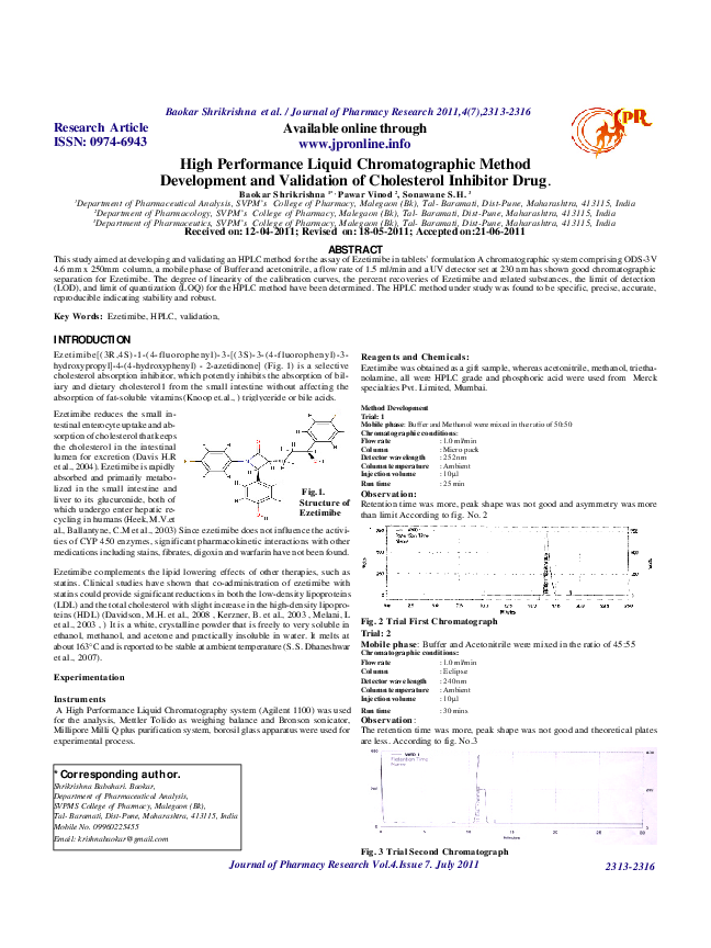 High Performance Liquid Chromatographic Method Development And Validation Of Cholesterol