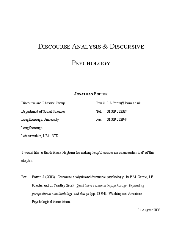 (PDF) Discourse analysis and discursive psychology