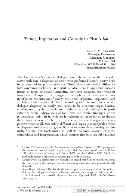 (PDF) Techne, Inspiration and Comedy in Plato's Ion (Apeiron, 2012)