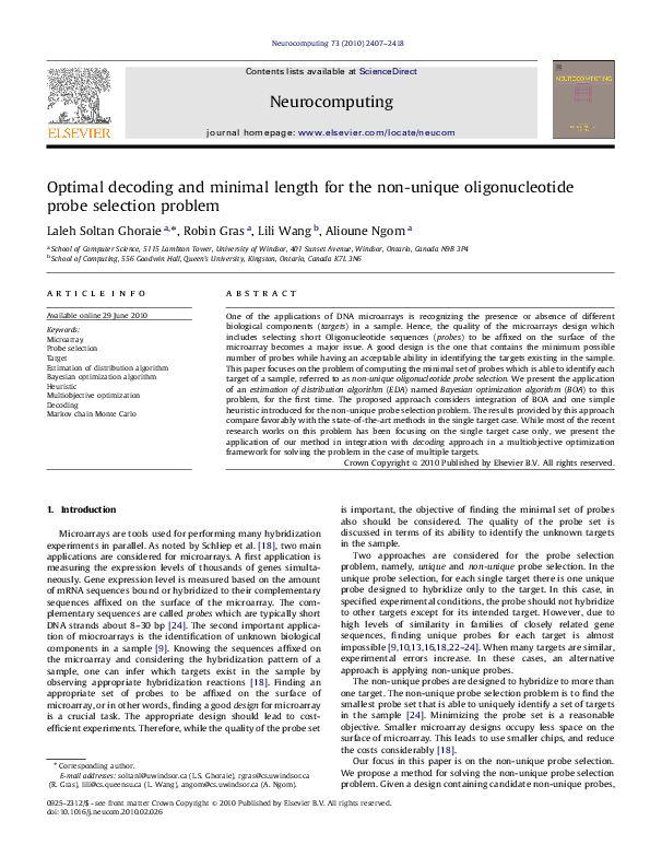 Pdf Optimal Decoding And Minimal Length For The Non Unique Oligonucleotide Probe Selection Problem