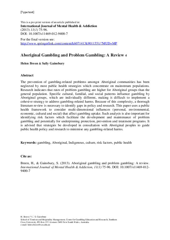 (PDF) Aboriginal gambling and problem gambling: A review