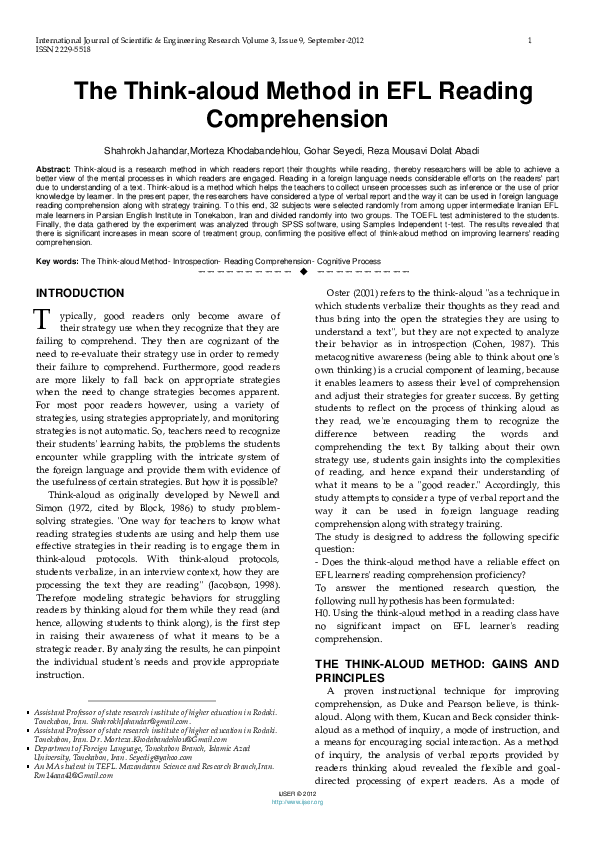 (PDF) The Think-aloud Method in EFL Reading Comprehension