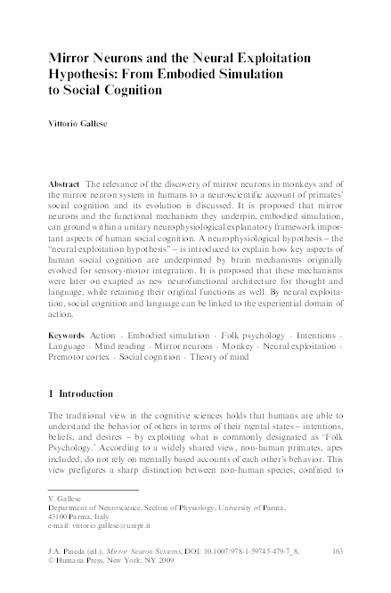 (PDF) 102. Gallese, V. (2009) Mirror neurons and the neural ...