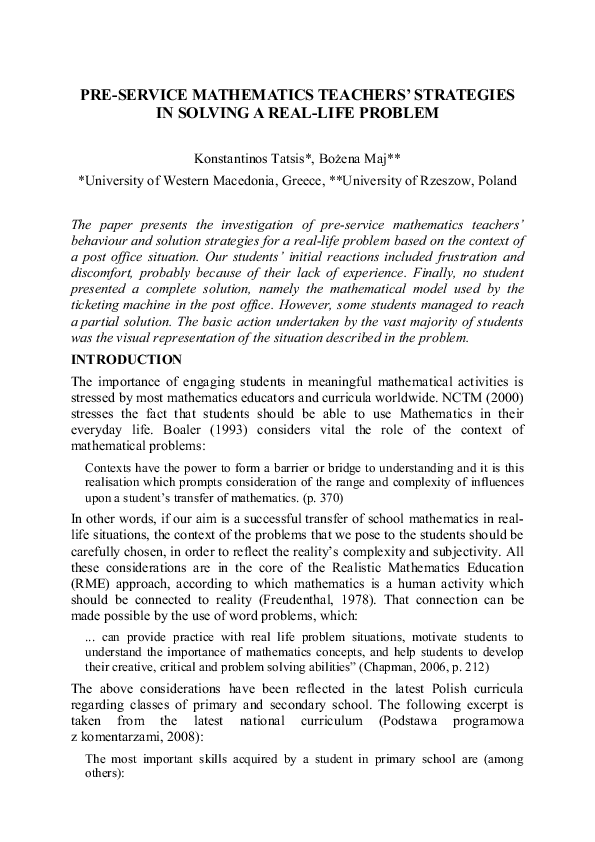 (PDF) Pre-service mathematics teachers’ strategies in solving a real ...