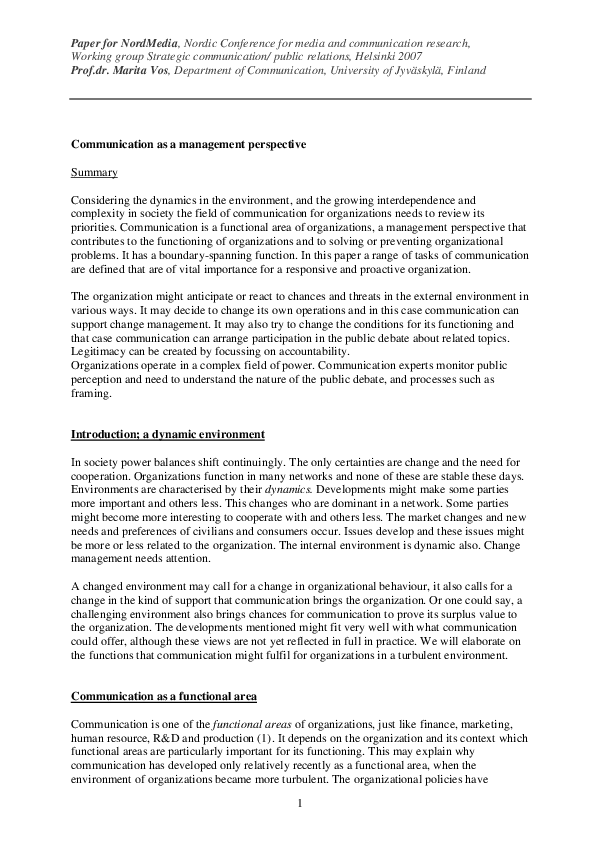 (PDF) Communication as a management perspective