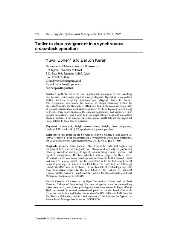 (PDF) Trailer to door assignment in a synchronous cross-dock operation