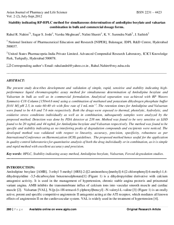 (PDF) Stability indicating RP-HPLC method for simultaneous determination of amlodipine besylate ...