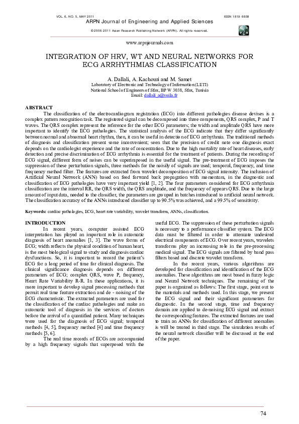 Pdf Integration Of Hrv Wt And Neural Networks For Ecg Arrhythmias