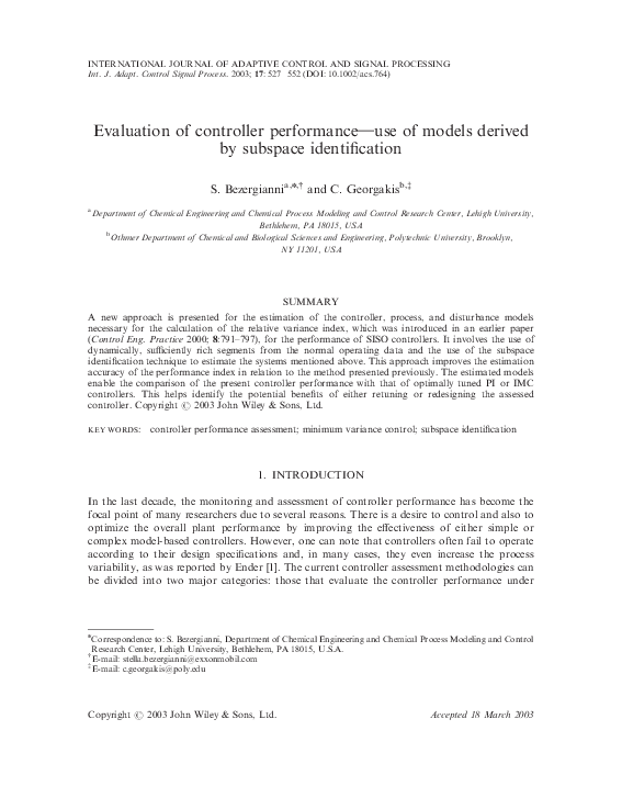 (PDF) Evaluation of controller performance - Use of models derived by ...