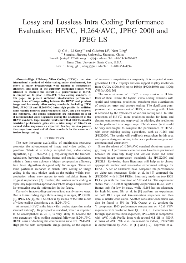 Pdf Lossy And Lossless Intra Coding Performance Evaluation Hevc H 264 Avc Jpeg 2000 And