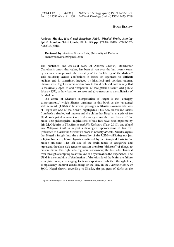 (PDF) DRAFT Review of Andrew Shanks, Hegel's Religious Faith