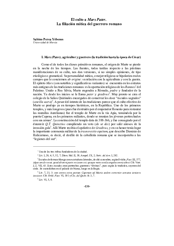 [190] "El culto a Mars Pater. La filiación mítica del guerrero romano ...