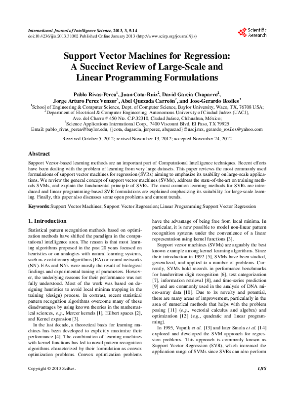 (PDF) Support Vector Machines for Regression: A Succinct Review of Large-Scale and Linear ...