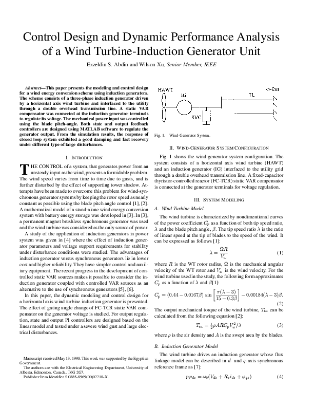 Pdf Control Design And Dynamic Performance Analysis Of A Wind Turbine