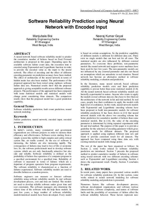 Pdf Software Reliability Prediction Using Neural Network With Encoded Input 5250