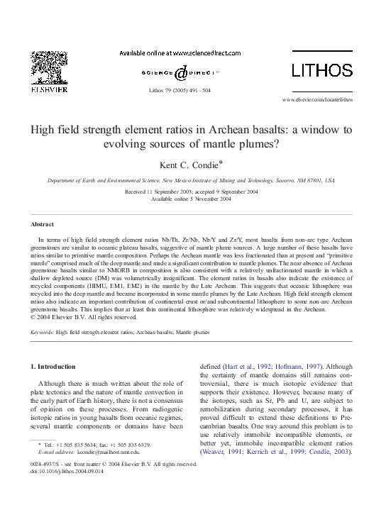 (PDF) High field strength element ratios in Archean basalts: a window to evolving sources of ...