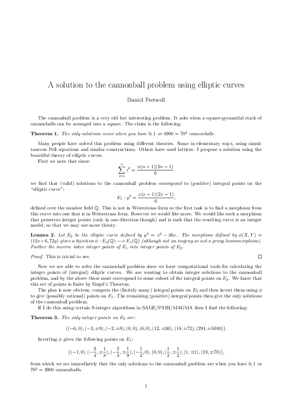 (PDF) A solution to the cannonball problem using elliptic curves