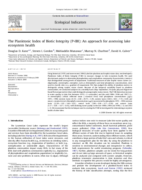 (PDF) The Planktonic Index of Biotic Integrity (P-IBI): An approach for ...