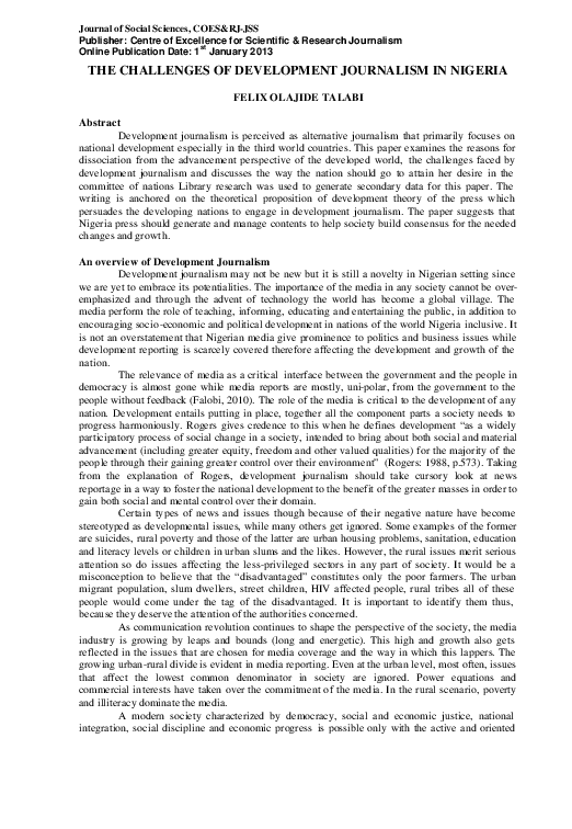 (PDF) THE CHALLENGES OF DEVELOPMENT JOURNALISM IN NIGERIA