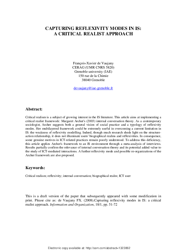 (PDF) Capturing reflexivity modes in IS: A critical realist approach