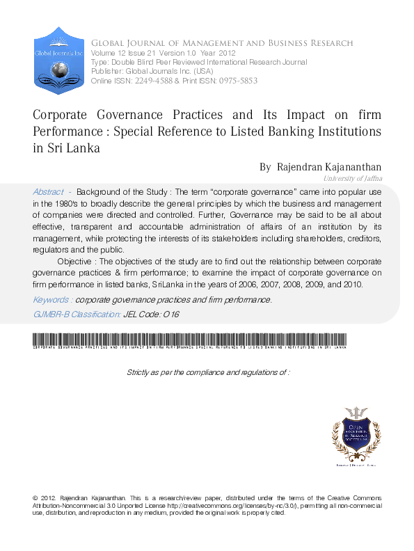 (PDF) Corporate Governance Practices and Its Impact on Firm Performance: Special Reference to ...