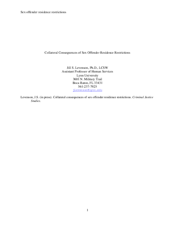 Pdf Collateral Consequences Of Sex Offender Residence Restrictions 