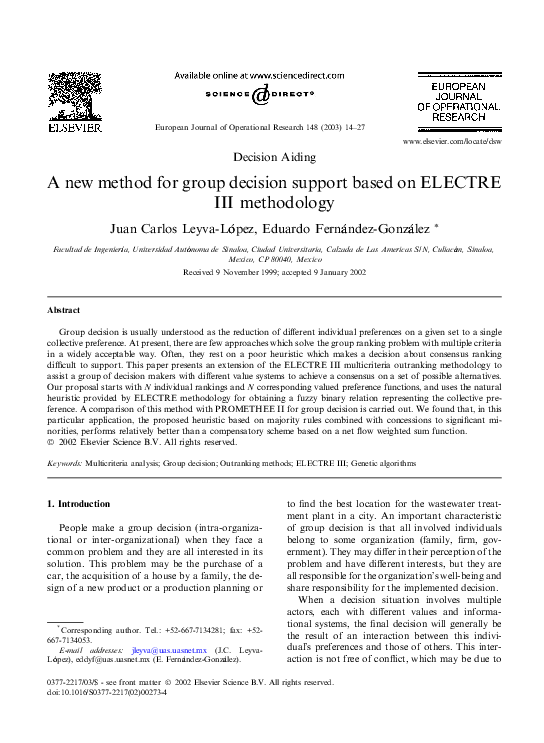 (PDF) A new method for group decision support based on ELECTRE III methodology