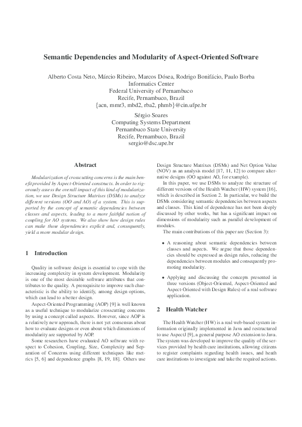 Pdf Semantic Dependencies And Modularity Of Aspect Oriented Software