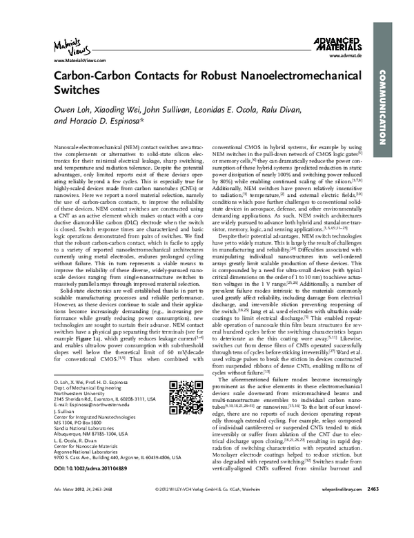 (PDF) Carbon‐Carbon Contacts for Robust Nanoelectromechanical Switches