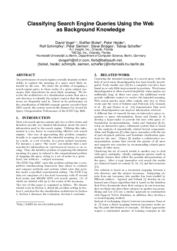 (PDF) Classifying search engine queries using the web as background knowledge