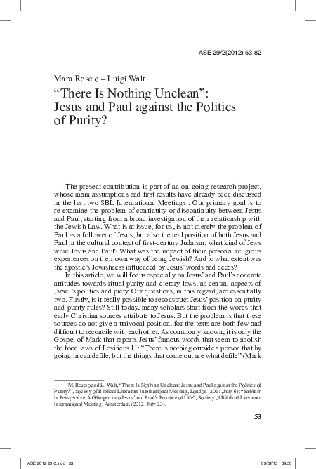 (PDF) “There Is Nothing Unclean”: Jesus and Paul against the Politics ...
