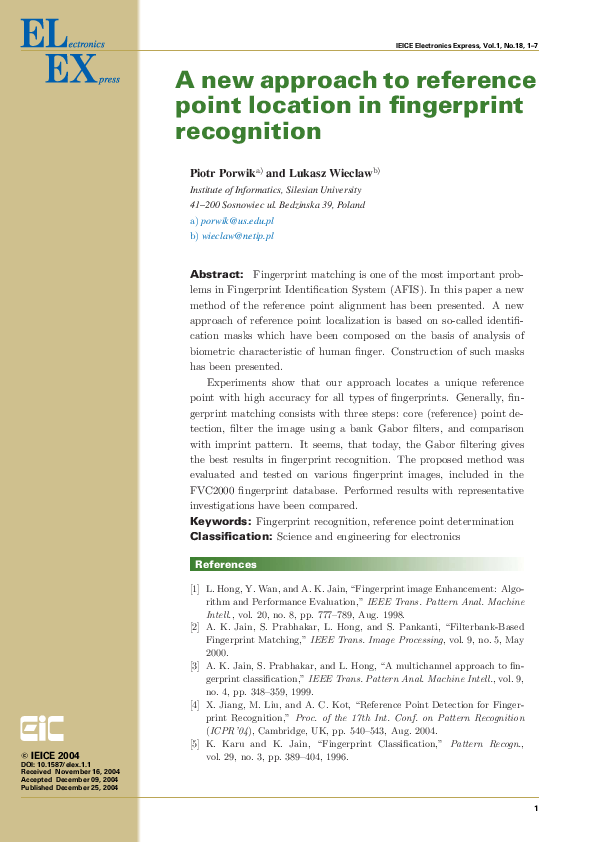 Pdf A New Approach To Reference Point Location In Fingerprint Recognition
