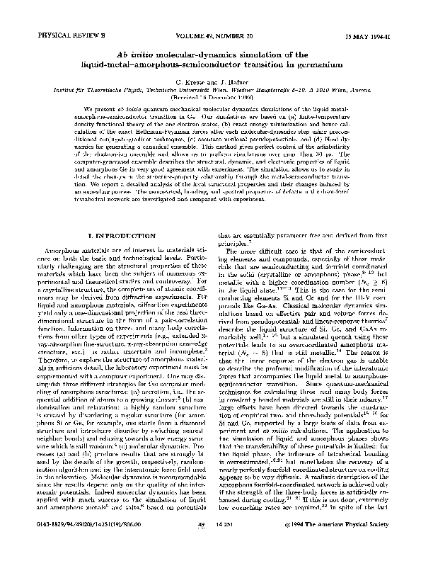 Pdf Ab Initio Molecular Dynamics Simulation Of The Liquid Metal