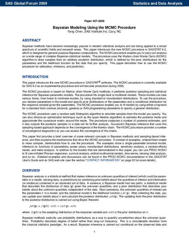 Pdf Bayesian Modeling Using The Mcmc Procedure