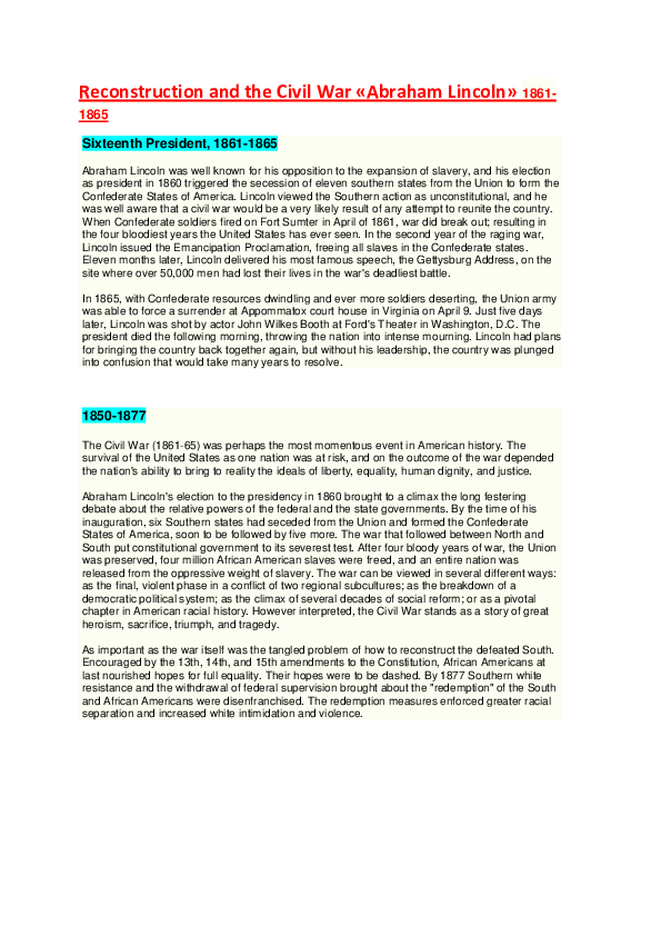 (DOC) Reconstruction and the Civil War «Abraham Lincoln»