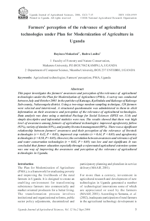 (PDF) Farmers' perception of the relevance of agricultural technologies under Plan for ...