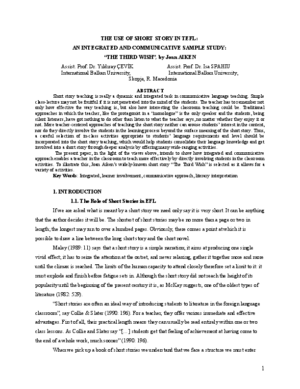(DOC) THE USE OF SHORT STORY IN TEFL: AN INTEGRATED AND COMMUNICATIVE ...