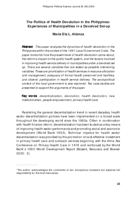 (PDF) The Politics of Health Devolution in the Philippines: Experiences ...