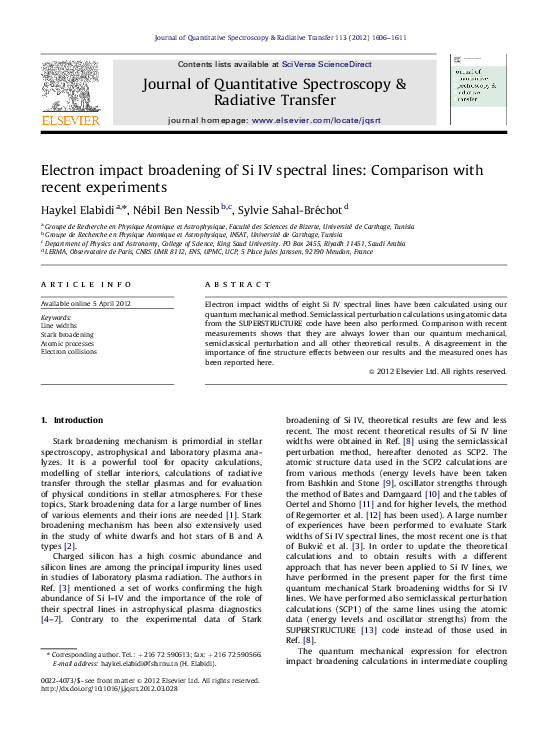 (PDF) Electron impact broadening of Si IV spectral lines: Comparison ...