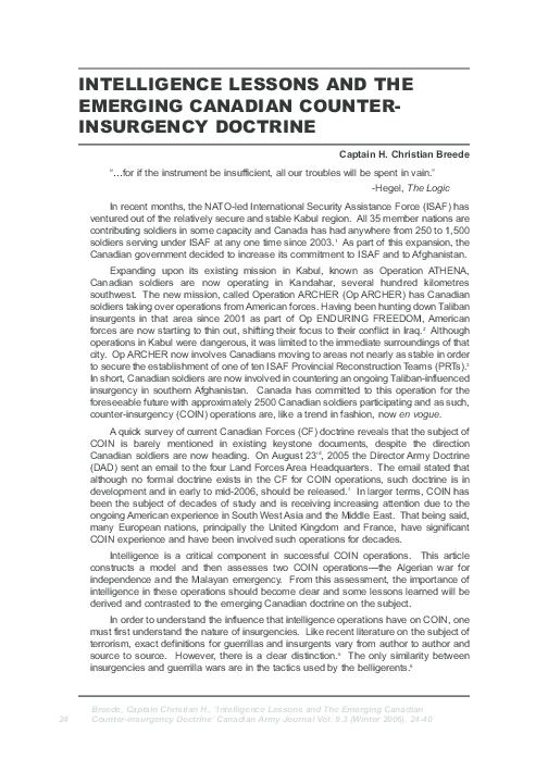 (PDF) Intelligence Lessons and the Emerging Canadian Counterinsurgency ...