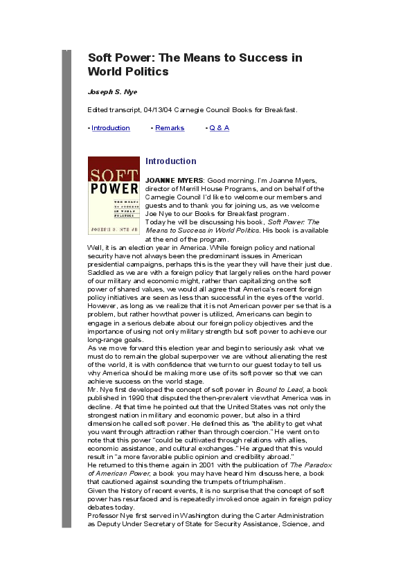 (DOC) Soft power: The means to success in world politics